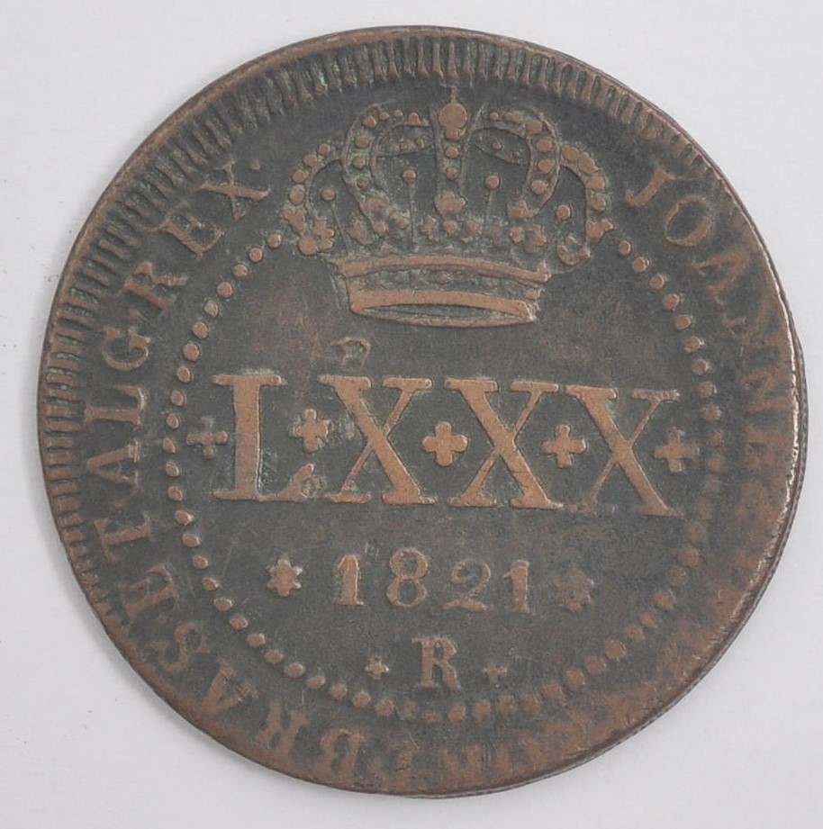 Moeda LXXX , cobre , 1821 , disco grosso , anverso : Jo