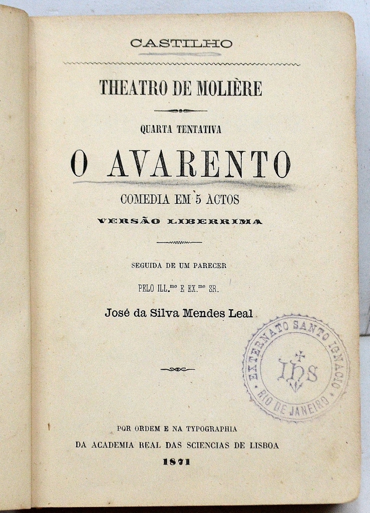 Livro: O Avarento - autor: Castilho - Theatro de Molièr