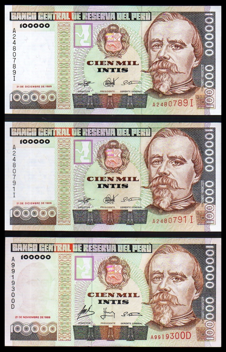 LOTE COM 3 CÉDULAS DO PERU, 1989. 100000 Intis. FLOR DE