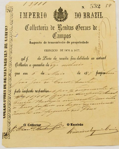 Documento. Brasil Império, 1877. Recibo de imposto, pag