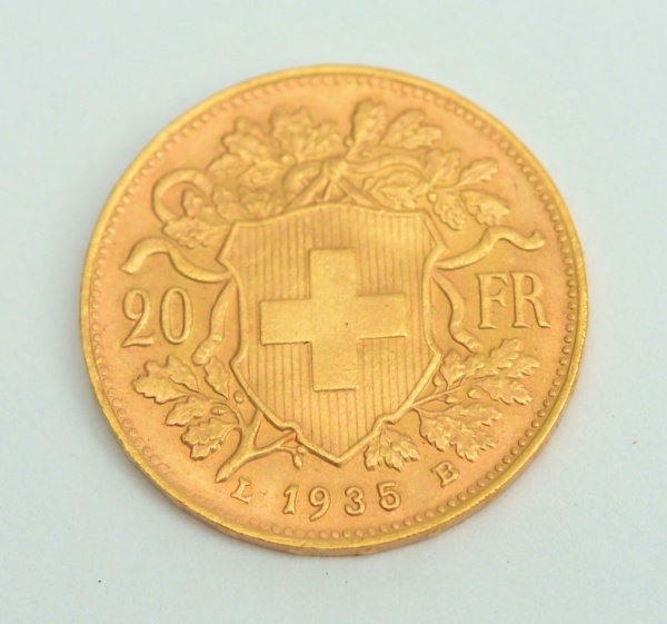 SUIÇA. Moeda de ouro de 20 francos suíços, ano 1935 - o
